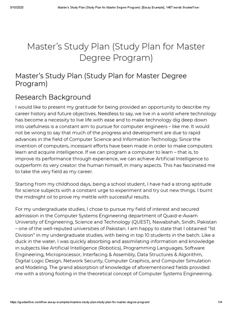Master's Study Plan (Study Plan For Master Degree Program) - (Essay Example), 1457 Words ...