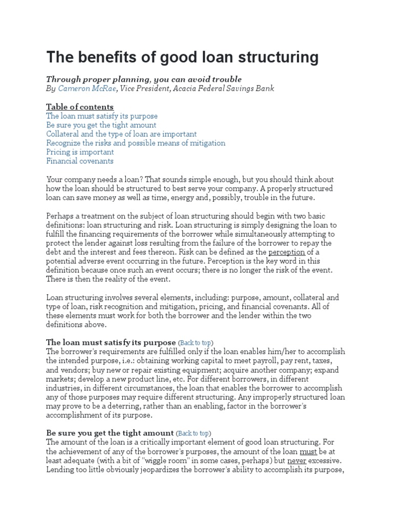 The Benefits of Good Loan Structuring: Cameron Mcrae | PDF | Collateral ...
