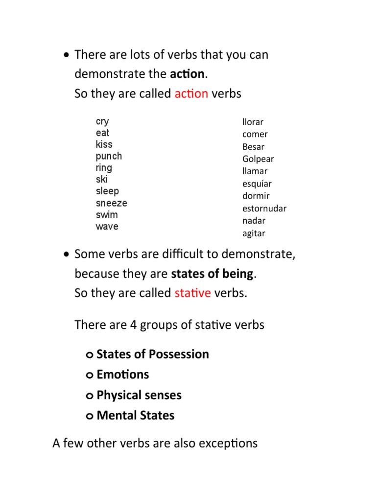 Action Vs Stative Verbs | PDF | Metaphysics Of Mind | Psychological ...