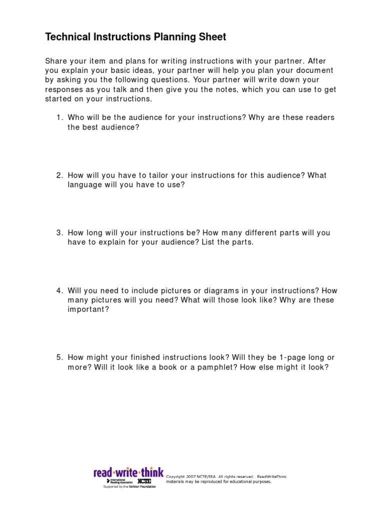 Technical Instructions Planning Sheet | PDF