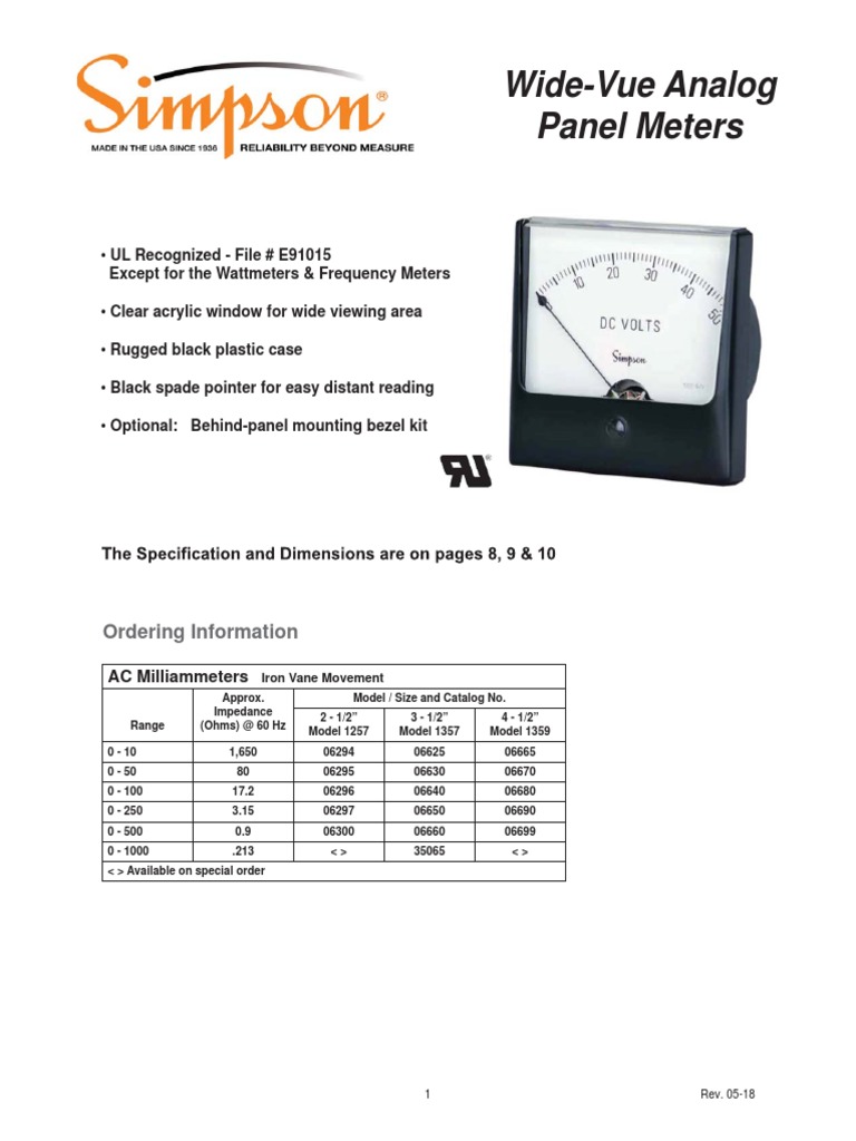 Wide-Vue Analog Panel Meters: Ordering Information | PDF | Mains ...