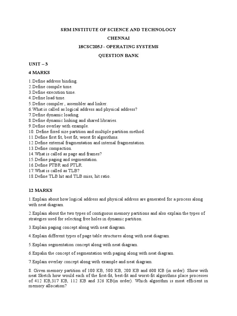 SRM Institute of Science and Technology Chennai 18Csc205J - Operating Systems Question Bank Unit ...