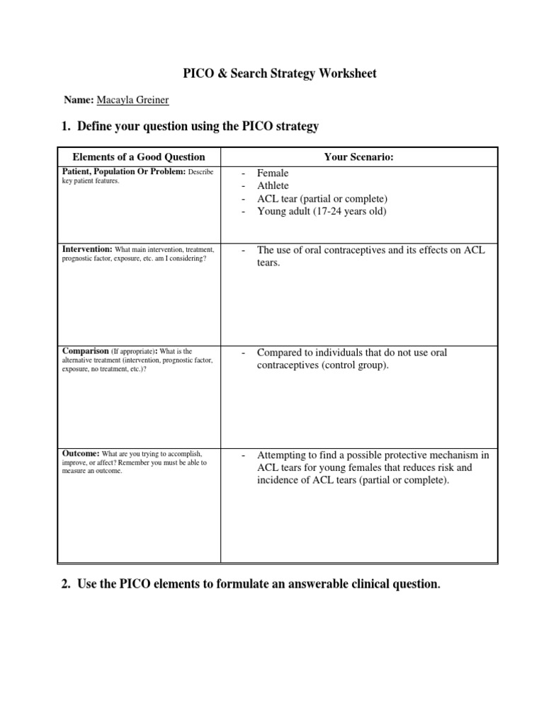 PICO & Search Strategy Worksheet: Name: Macayla Greiner | Download Free PDF | Cohort Study | Pub Med
