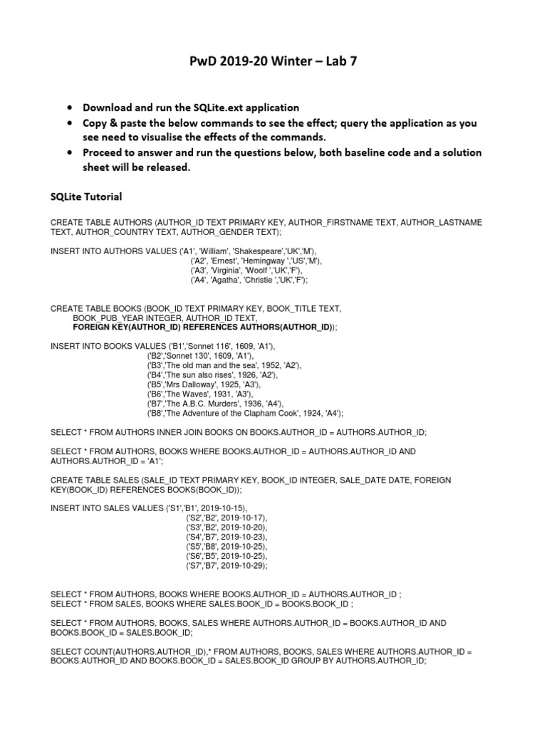 PWD 2019 20 Labs 7 SQLite Exercise PDF | PDF | Databases | Information ...