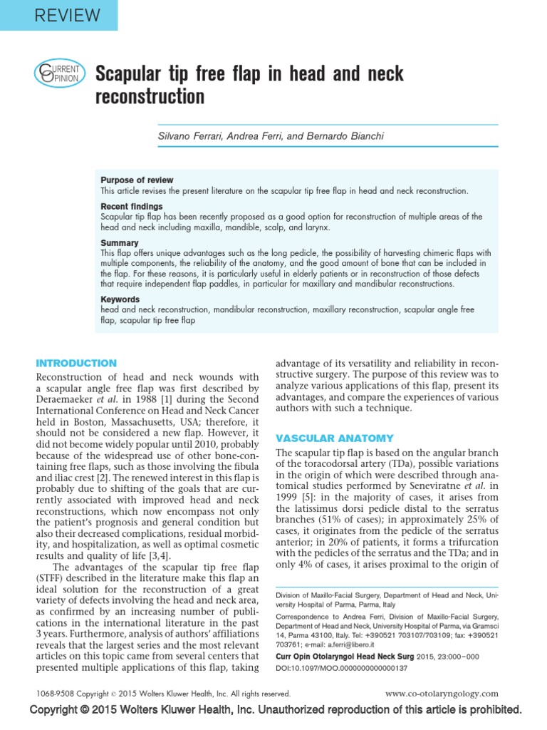 Scapular Tip Free Flap in Head and Neck Reconstruction: Review | PDF ...