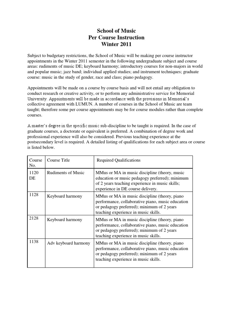 School of Music Per Course Instruction Winter 2011 | PDF | Music ...