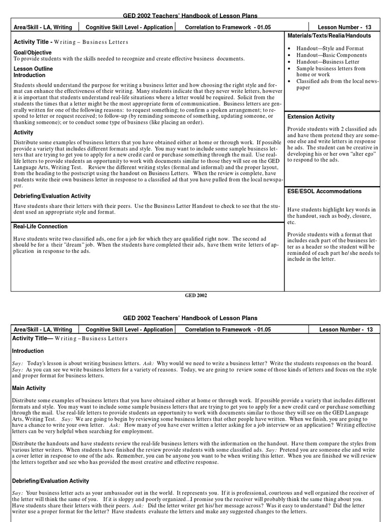 GED Business Letter Lesson Plan | PDF | Lesson Plan