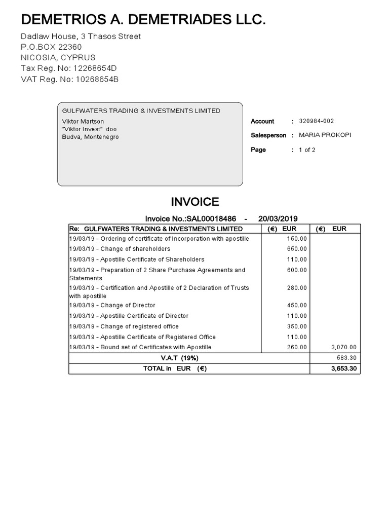 Invoice: Dadlaw House, 3 Thasos Street P.O.BOX 22360 Nicosia, Cyprus ...