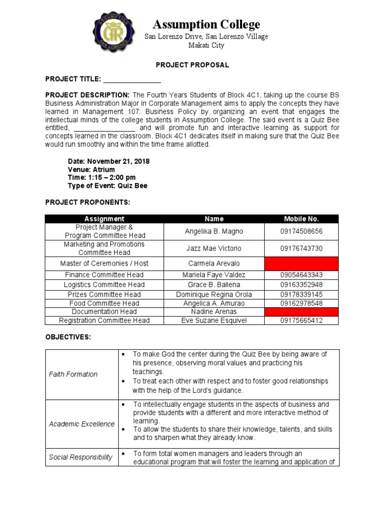 Quiz Bee Project Proposal for Students | PDF