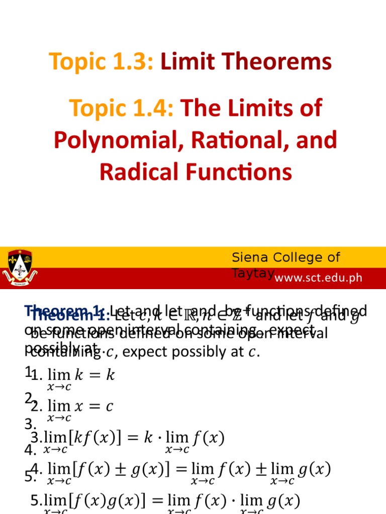 Topic 1.3-1.4 Limit Theorems and Limits of Algebraic Functions | PDF | Polynomial | Function ...