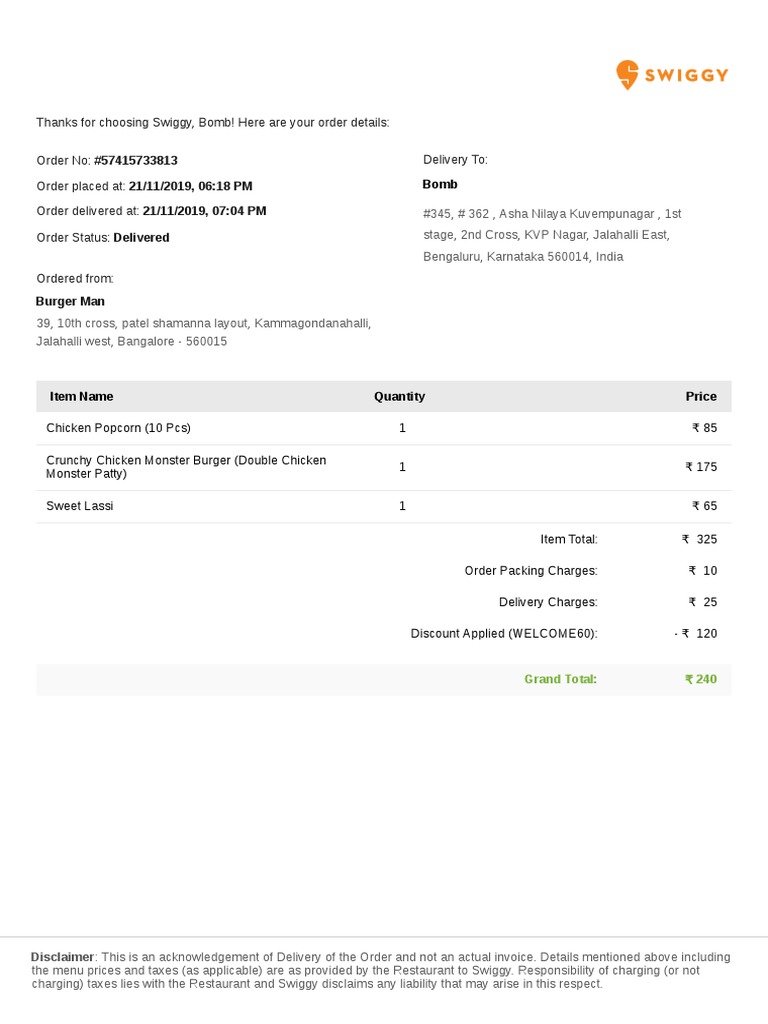 Thanks For Choosing Swiggy, Bomb! Here Are Your Order Details: Delivery ...