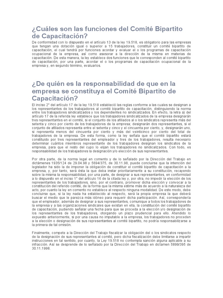 Cuáles Son Las Funciones Del Comité Bipartito de Capacitación | PDF | Quórum | Sindicato