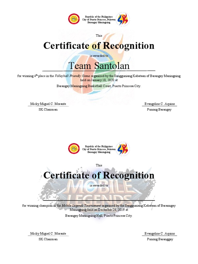Mobile Legends Tournament Certificates | PDF | Local Government | Youth ...