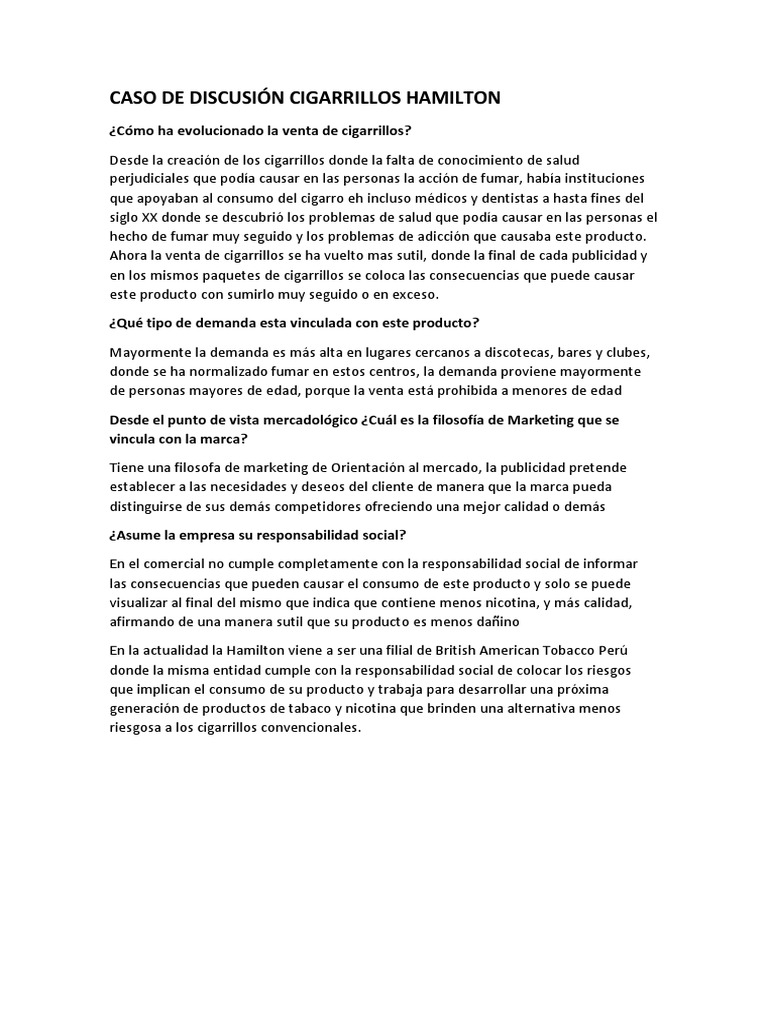 Caso de Discusión Cigarrillos Hamilton | PDF
