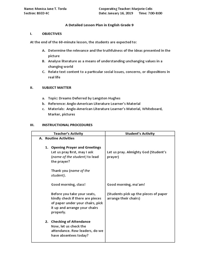 A Detailed Lesson Plan in English Grade 9 I. Objectives: Student) | PDF ...