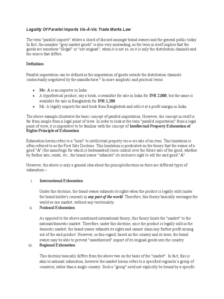 Legality of Parallel Imports Vis-À-Vis Trade Marks Law | PDF ...