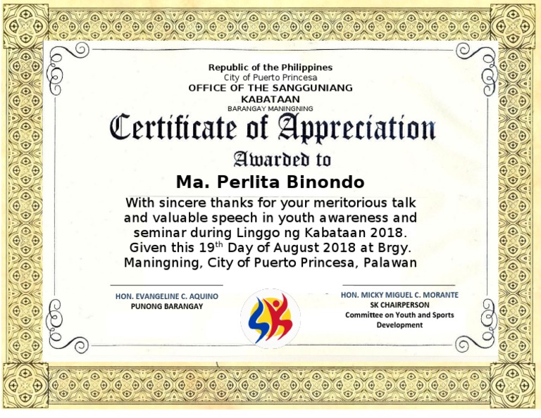 Ma. Perlita Binondo: Office of The Sangguniang Kabataan | PDF