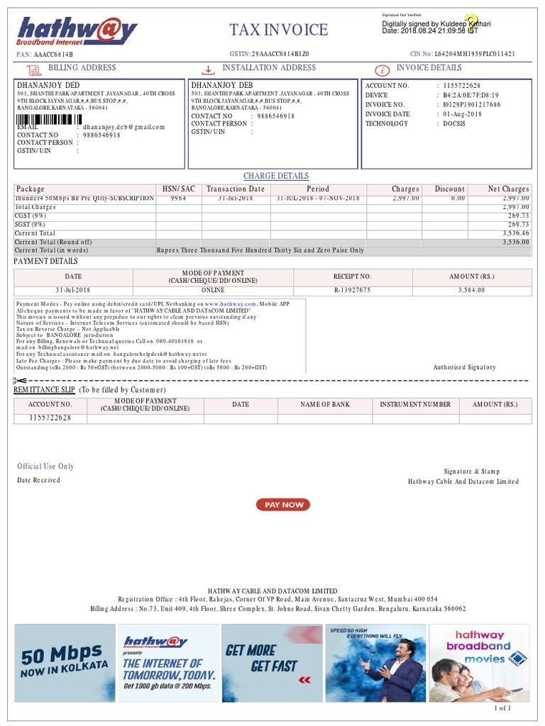 Tax Invoice: Billing Address Installation Address Invoice Details | PDF ...