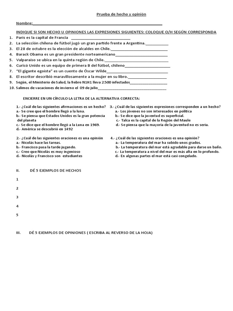 Prueba de Hecho y Opinión | PDF