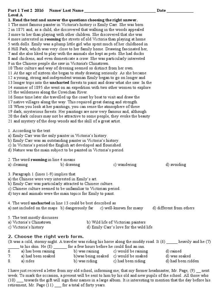 Part 1 Test 2 2016 Name/ Last Name - Date - Level A 1. Read The Text ...