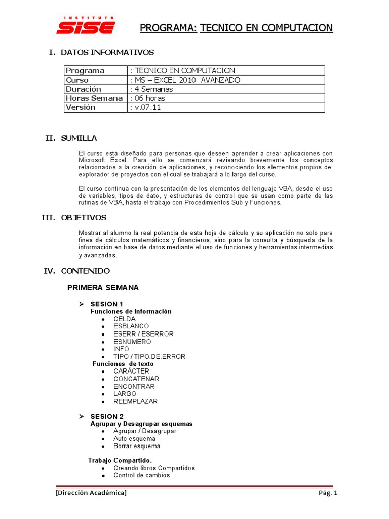 SILABUS Ms-Excel 2010 Avanzado | PDF | Microsoft Excel | Programación de computadoras