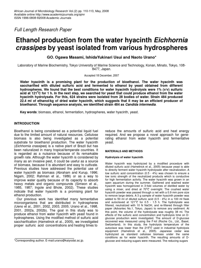 Ethanol Production From The Water Hyacinth Eichhornia Crassipes by ...