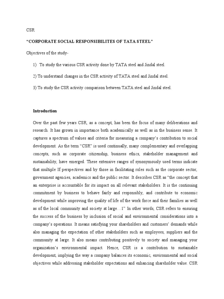 Analyzing the Corporate Social Responsibility Activities of Tata Steel and Jindal Steel Through ...