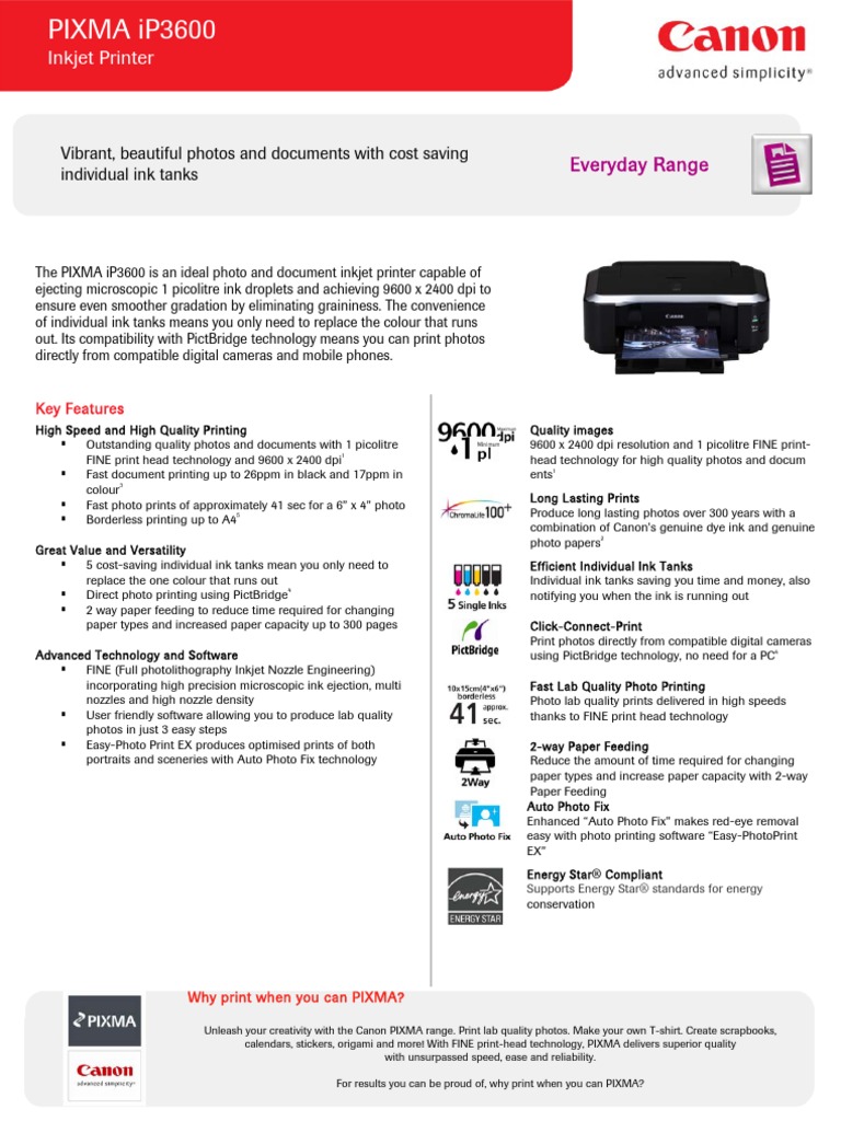 PIXMA2020IP360020TECH20SHEET | PDF | Printer (Computing) | Office Equipment