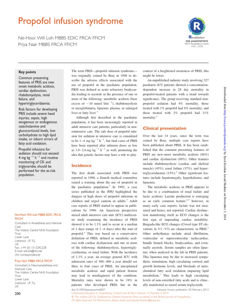 Understanding Propofol Infusion Syndrome | PDF | Mitochondrion | Myocyte