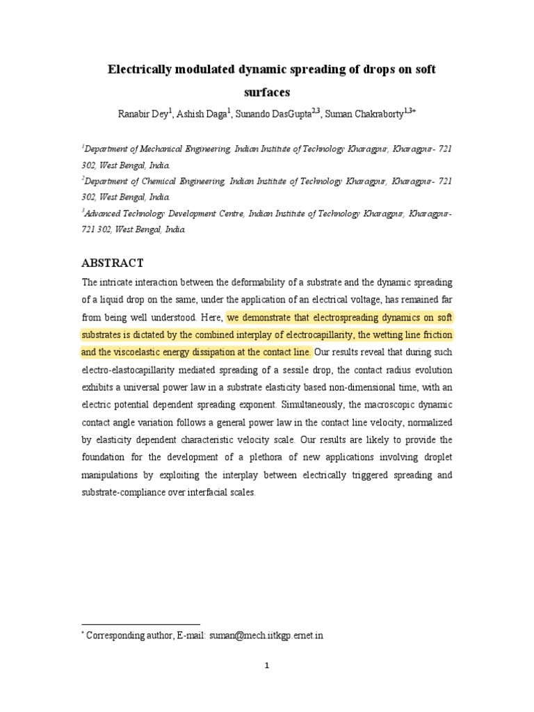 Electrospreading of Drops on Soft Surfaces | PDF | Wetting | Drop (Liquid)