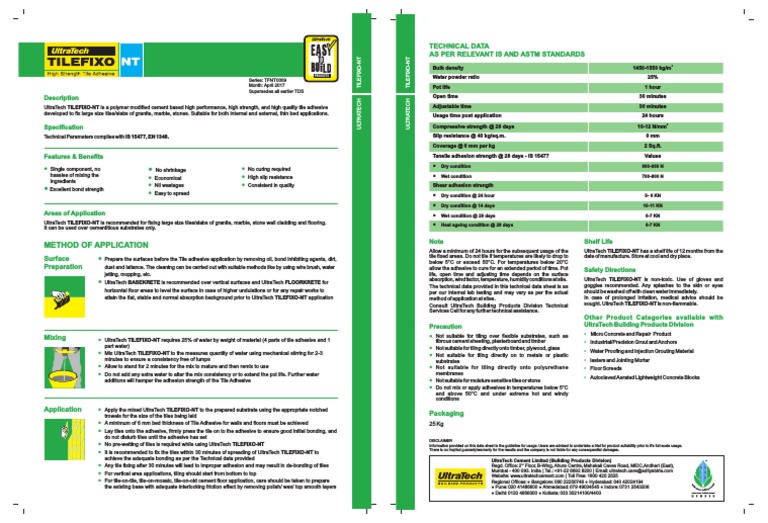 Ultratech TDS Leaflet - TileFixo-NT | PDF | Adhesive | Tile