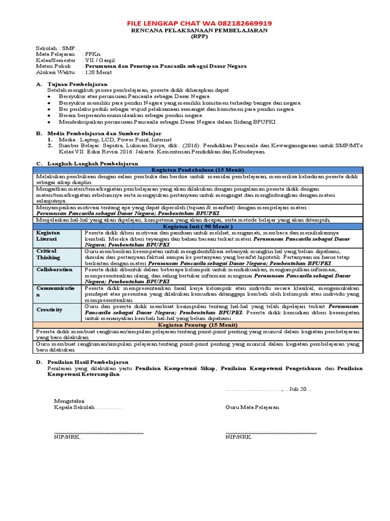 Contoh RPP 1 Lembar PKN SMP Kelas 7 | PDF