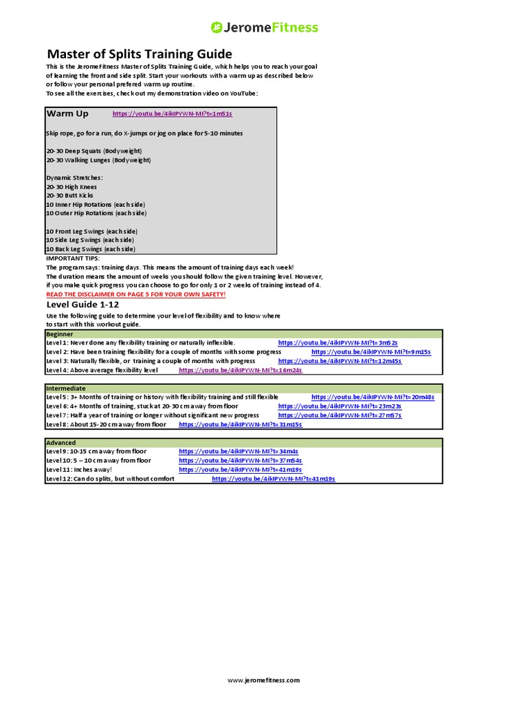 Master of Splits Training Guide: Warm Up | PDF | Physical Exercise ...