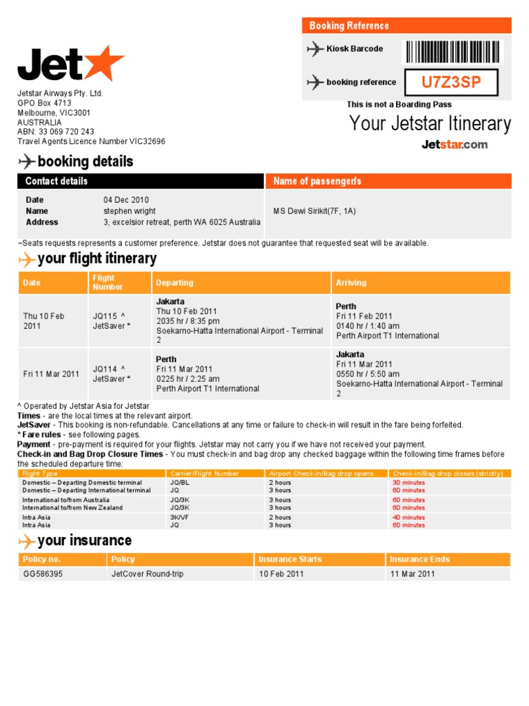 Your Jetstar Itinerary: Booking Details | PDF | Identity Document ...