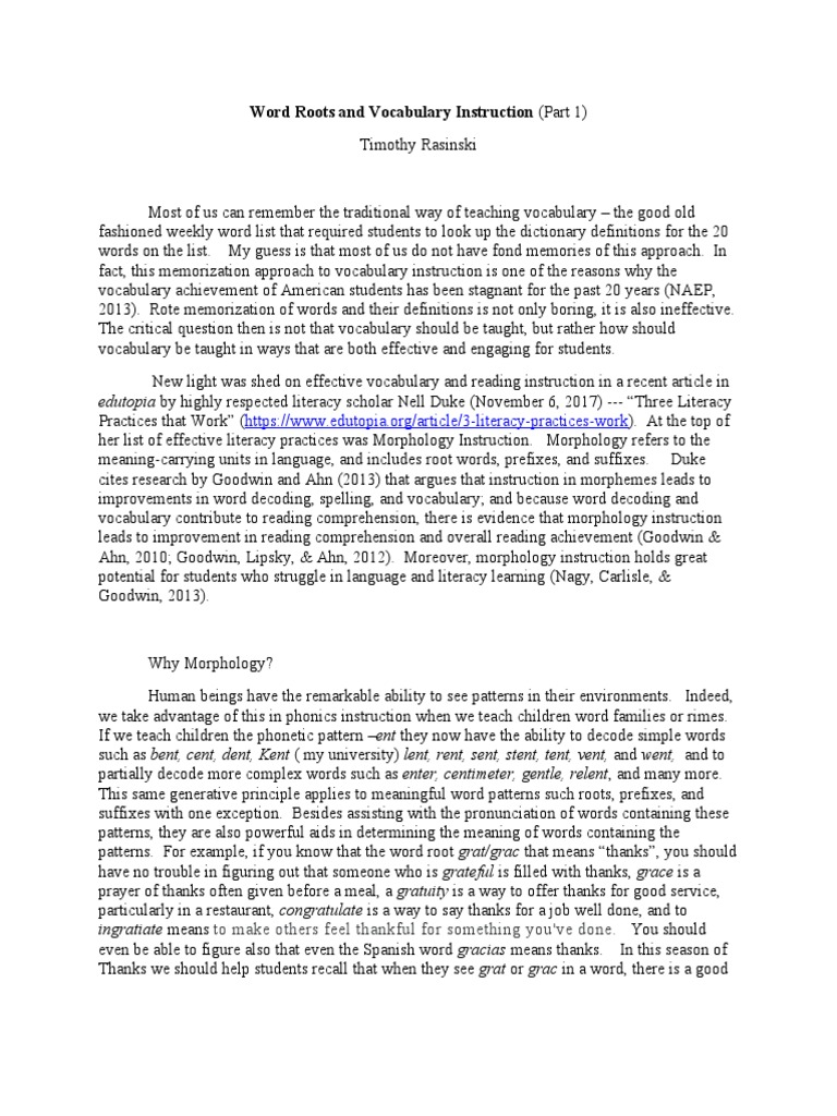 Word Roots and Vocabulary Instruction Part 1 | PDF | Vocabulary ...