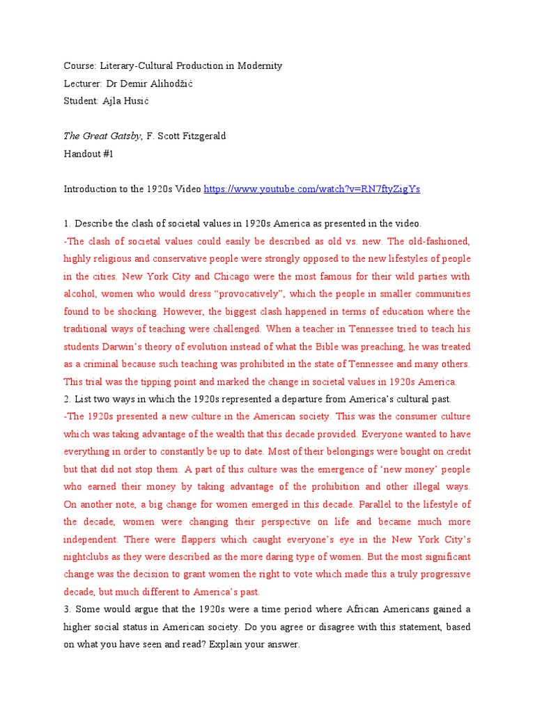 Handout 1 - The Great Gatsby | PDF | The United States | Society