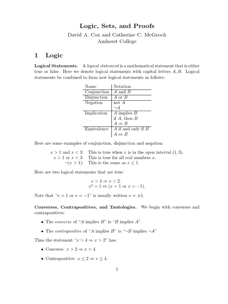 Logic, Sets, and Proofs: David A. Cox and Catherine C. Mcgeoch Amherst ...