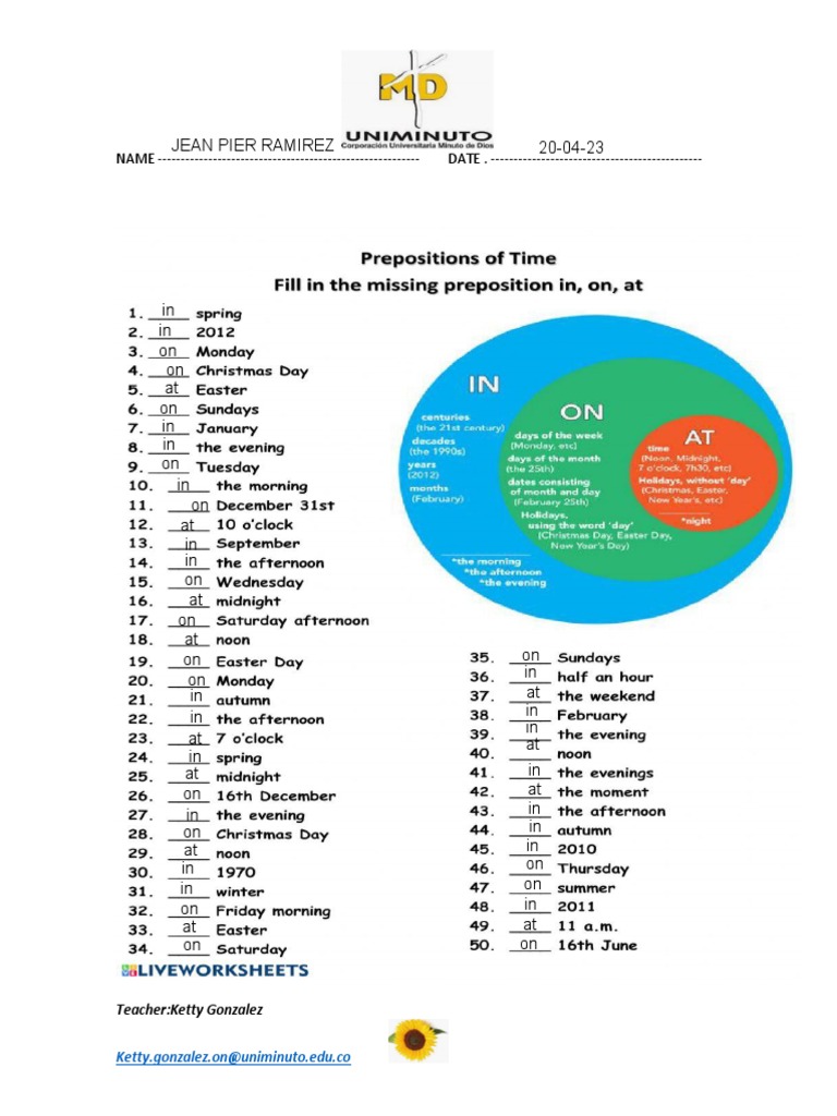 Unit 3. Prepositions of Time (In, On At) - English 2 | PDF