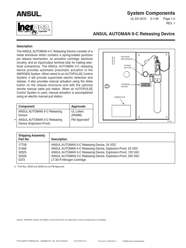 ANSUL AUTOMAN II-C Releasing Device Component Sheet | PDF | Actuator ...