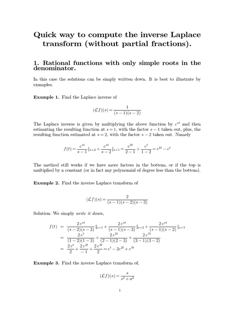 Quick Way To Compute The Inverse Laplace Transform (Without Partial Fractions) | PDF ...