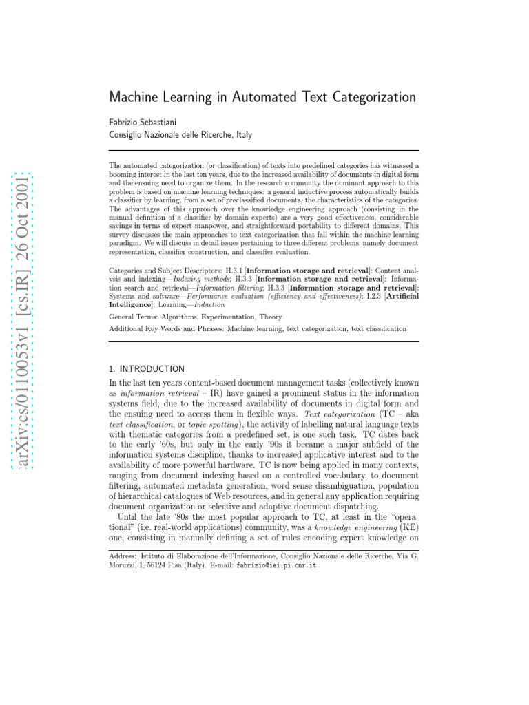 Machine Learning in Automated Text Categorization | PDF | Statistical Classification | Metadata
