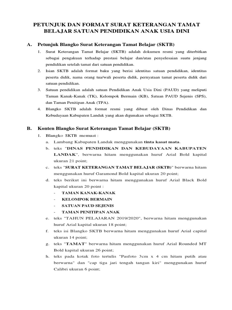 Petunjuk Dan Format SKTB Satuan PAUD PDF | PDF