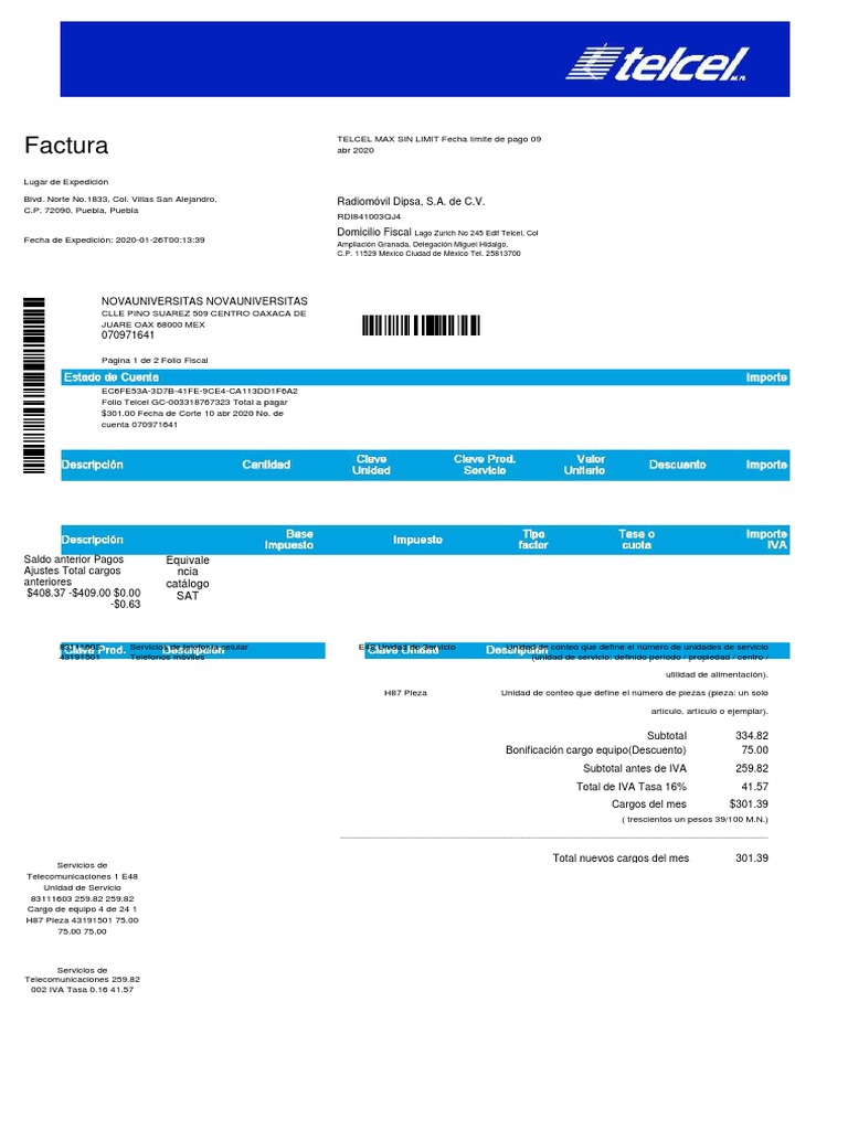 Factura Telcel PDF | PDF | Peso mexicano | Telecomunicaciones