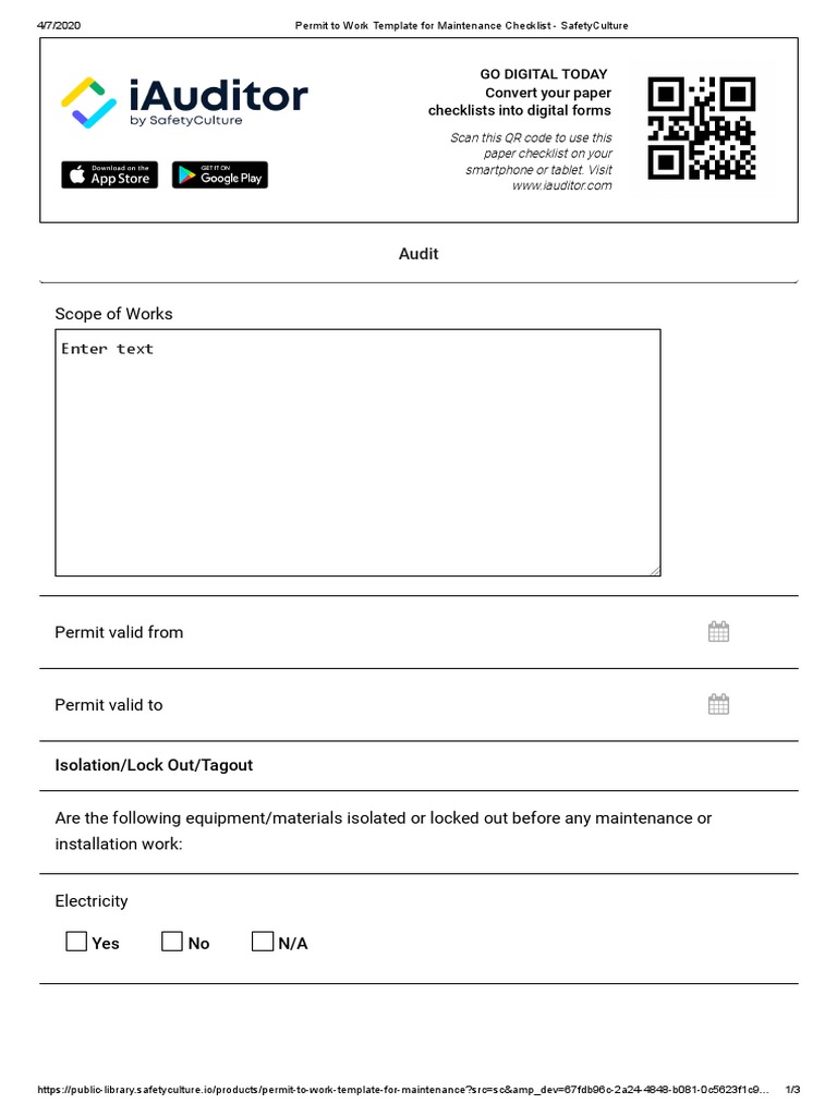 Permit To Work Template For Maintenance Checklist - SafetyCulture | PDF