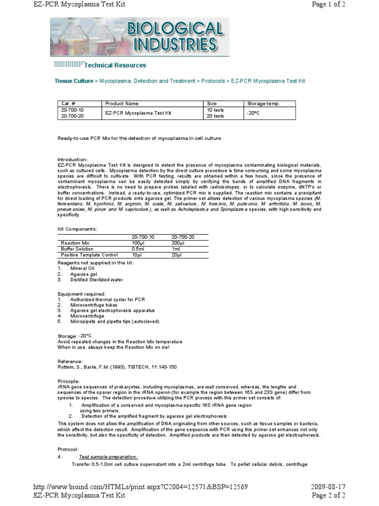 Mycoplasma Detection Kit | PDF | Polymerase Chain Reaction | Gel ...
