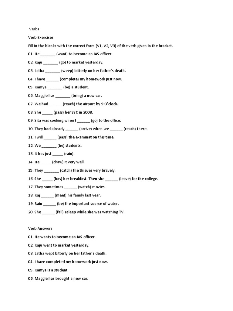 Verbs - Exercises and Answers | PDF
