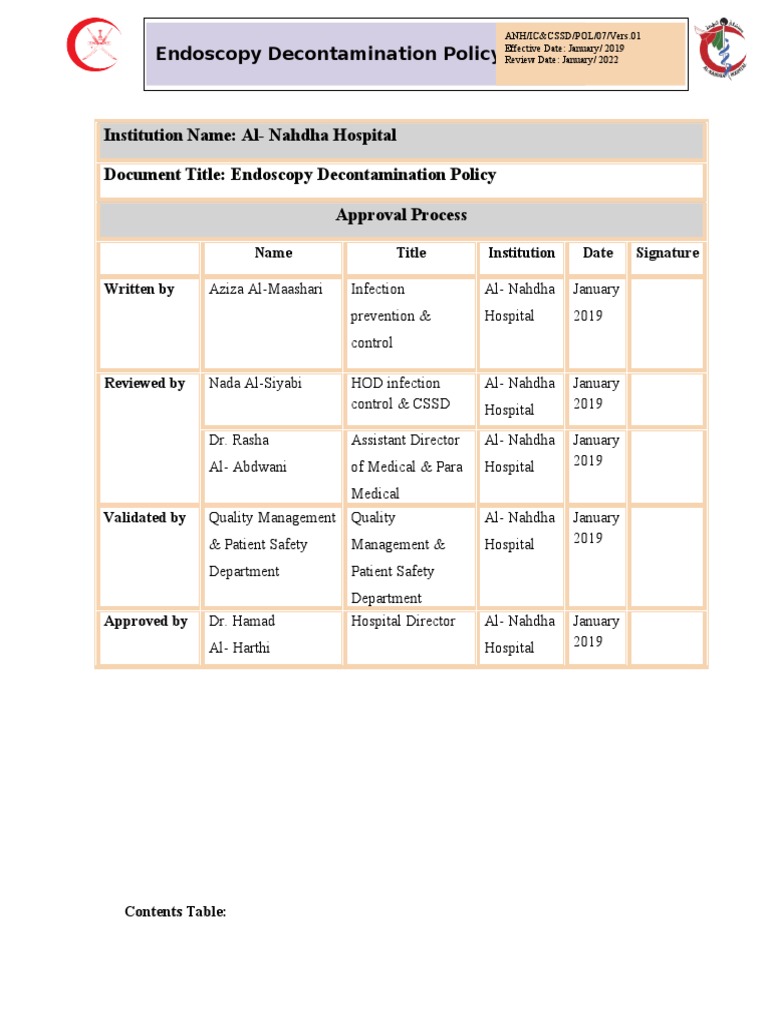 Endoscopy Decontamination Policy: Name Title Institution Date Signature ...