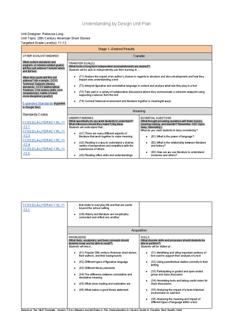 Rebecca Long Ubd Unit Plan Stages 1 2 3 | PDF | Educational Assessment ...