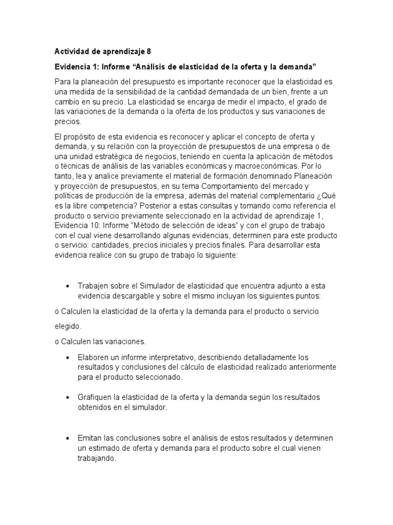 Evidencia 1 Informe Análisis de Elasticidad de La Oferta y La Demanda | PDF | Oferta (economía ...