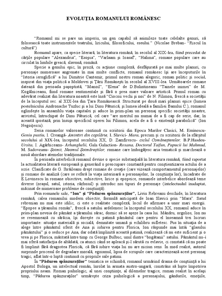 Evolutia Romanului Romanesc PDF | PDF